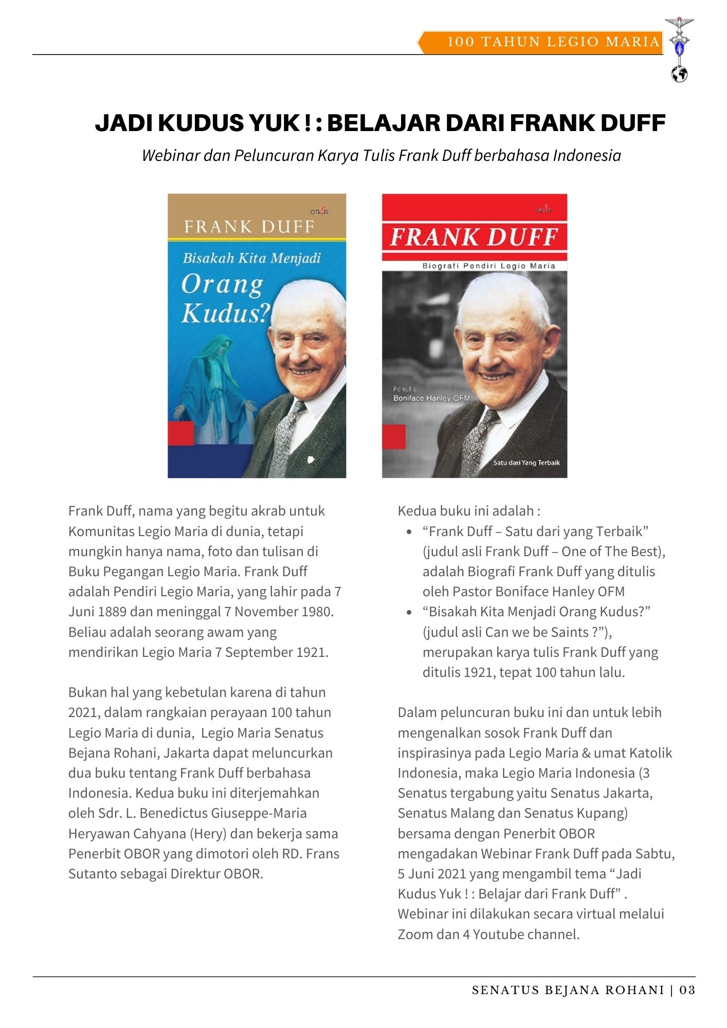 Inspirasi Dari Frank Duff – Legio Maria Senatus Bejana Rohani